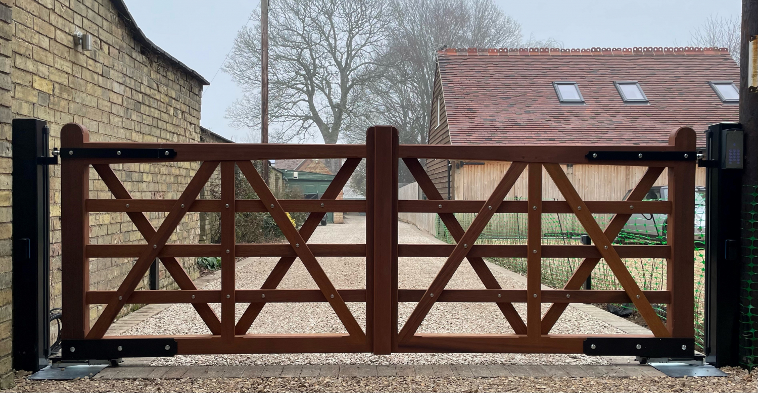 Five Bar Iroko Automatic Gates - February 2023 Brampton - Climate Autogates